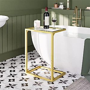HOOBRO C-Shaped End Table, Tempered Glass Couch Table with Metal Frame, Narrow Snack Side Table for Small Space, Living Room, Bedroom, Modern and Simple, Gold GD04SF01