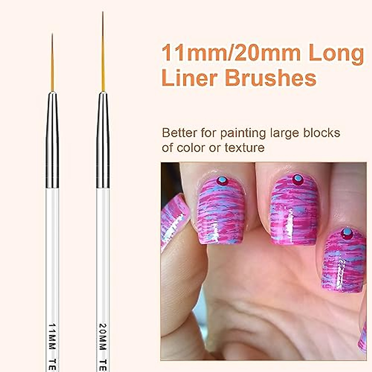 TEOYALL Fine Liner Brush, Nail Art Striping Brushes 5/7/9/11/20mm Thin Line Nail Brush Detail Drawing Brush Gel Nail Polish Brush