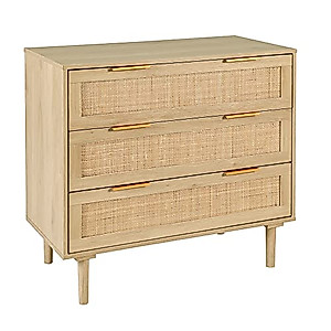 HOPUBUY 3 Drawer Dresser for Bedroom, Rattan Modern Closet Dressers Chest of Drawers, Wood Oak Storage Chest for Kids Bedroom, Hallway, Living Room