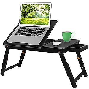 Bamboo Laptop Desk,Serving Bed Tray Breakfast Table with Folding Legs,Multifunctional Table with Cup Holder,Floor Desk Notebook Stand with Tilting Top Storage Drawer,Black (Black)