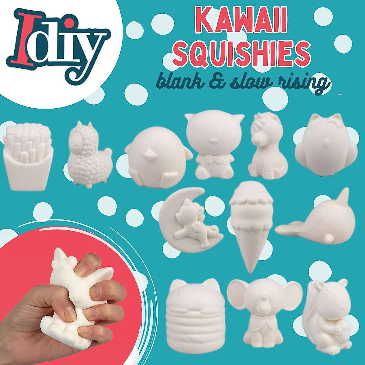 DIY Party Craft Kit Jumbo Blank Slow-Rising Squishies -12 Different 4-6" Designs -White Kawaii Sqwishy Toys for Painting, Soft Scented Stress Relief Art Crafts -Kids Holiday Birthday Activity Gift