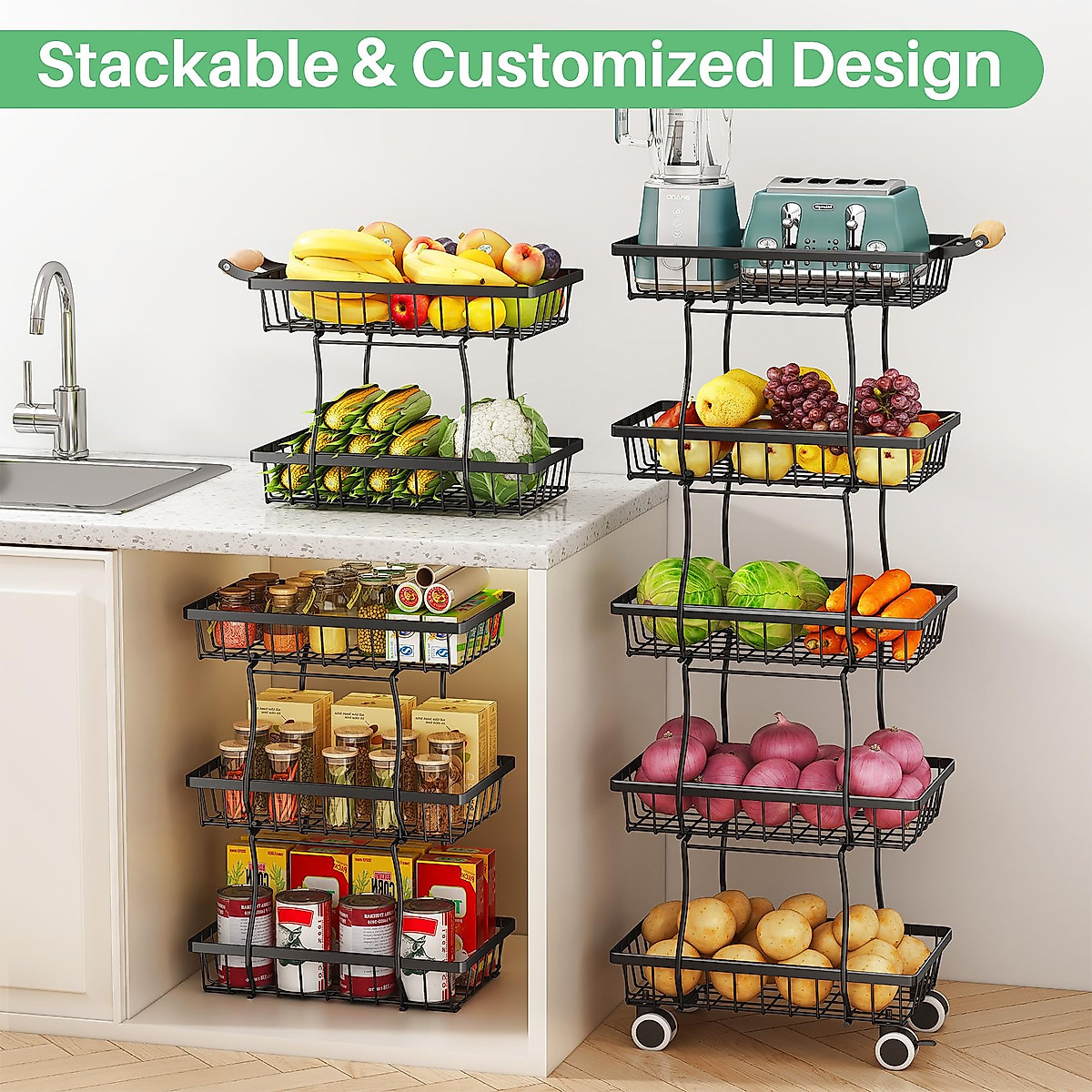 5 Tier Fruit Basket for Kitchen, Stackable Fruit and Vegetable Wire Basket with Wheels for Banana Onions and Potatoes Storage and Organization, Black