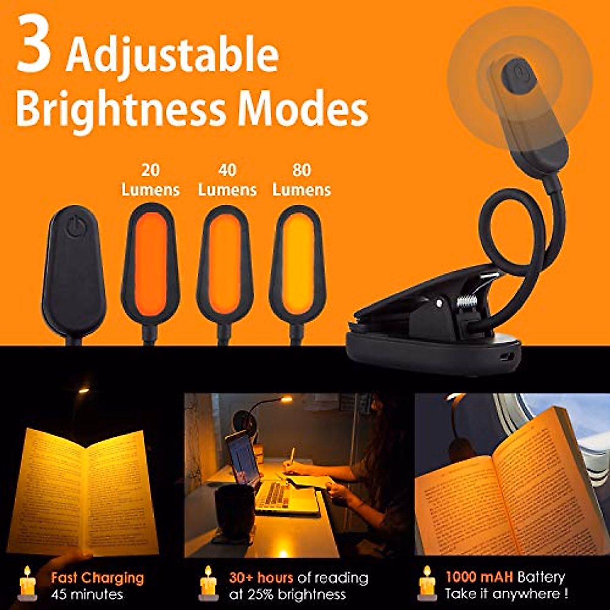 Amber Light + Giftable Amber Book Light - Blue Light Blocking - Night Reading Light Store. Rechargeable. 1600K for Reading in Bed at Night. Perfect as a Giftable Kindle Light and LED Book Light.