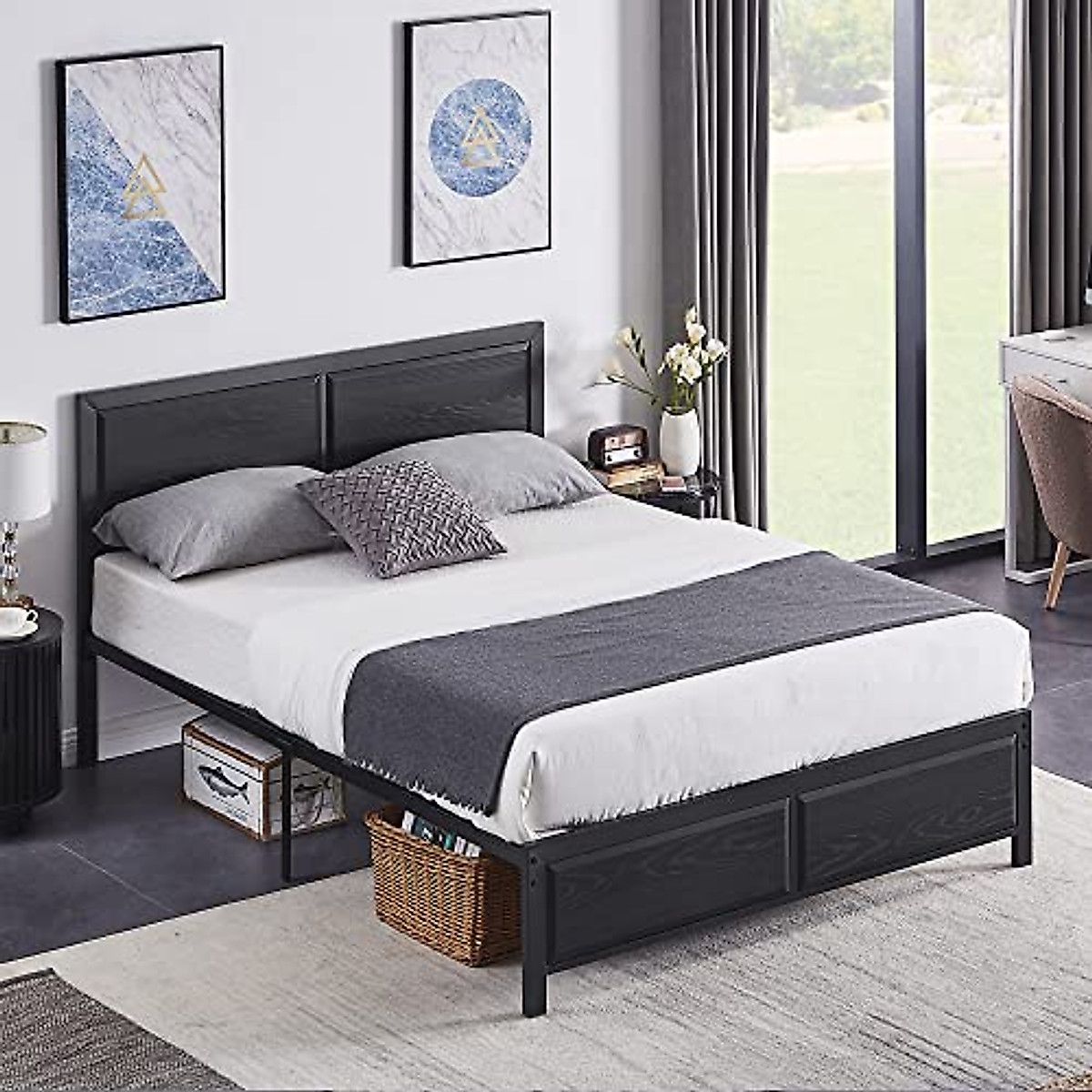 VECELO Queen Size Platform Bed Frame with Black Wood Headboard, Mattress Foundation, Strong Metal Slats Support, No Box Spring Needed
