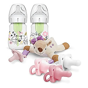 Dr. Brown’s Wide-Neck Baby Bottle Woodland Designer Bottles, 5 oz/150 mL, 2-Pack with HappyPaci Pacifiers and Lovey Holder, Deer