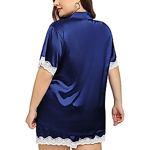 SWOMOG Women Plus Size Pajama Set Silk Satin Lounge Set Short Sleeve 2 Pcs Ladies Pj Sets Button Down Lace Trim Sleepwear with Shorts Navy Blue