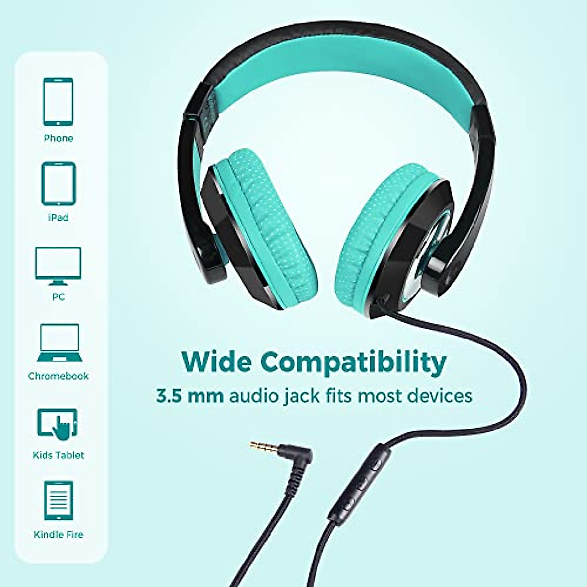 rockpapa Comfort+ Kids Headphones with Microphone, Boys Girls Student Over-Ear Headphones Wired for School Classroom Laptop PC Computer Tablet Black Teal