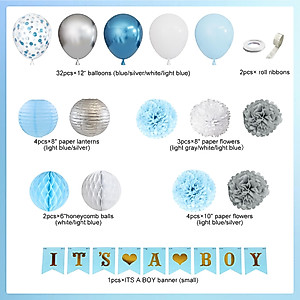 Ouddy Party Blue Baby Shower Decorations for Boy with Its a Boy Banner, Baby Boy Letter Metallic Blue Gray Silver Balloon Paper Pom Poms Honeycomb Ball for Boy Baby Shower Gender Reveal Party Supplies