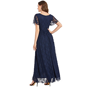 Ever-Pretty Women's Lace V Neck Ruffles Sleeves Pleated Empire Waist A-Line Maxi Formal Dresses Navy Blue US14