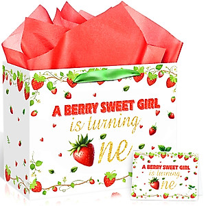 Baby Girl 1st Birthday Gift Bag A Berry Sweet Girl is Turning One Gift Bag Strawberry 1st Birthday Wrapping Bag with Tissue Paper and Card for Sweet Baby Girl Baby Shower Red Berry Birthday Christmas Party Supplies