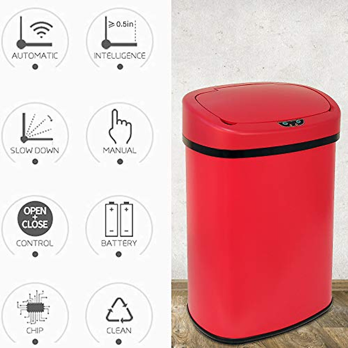 Automatic Sensor 13 Gallon Trash Can, Touch Free Trash Can, No Touch Garbage Can Kitchen Waste Bin, High-Capacity Bathroom Trash Can with Lid for Home Bedroom Office, Power by Battery, Red