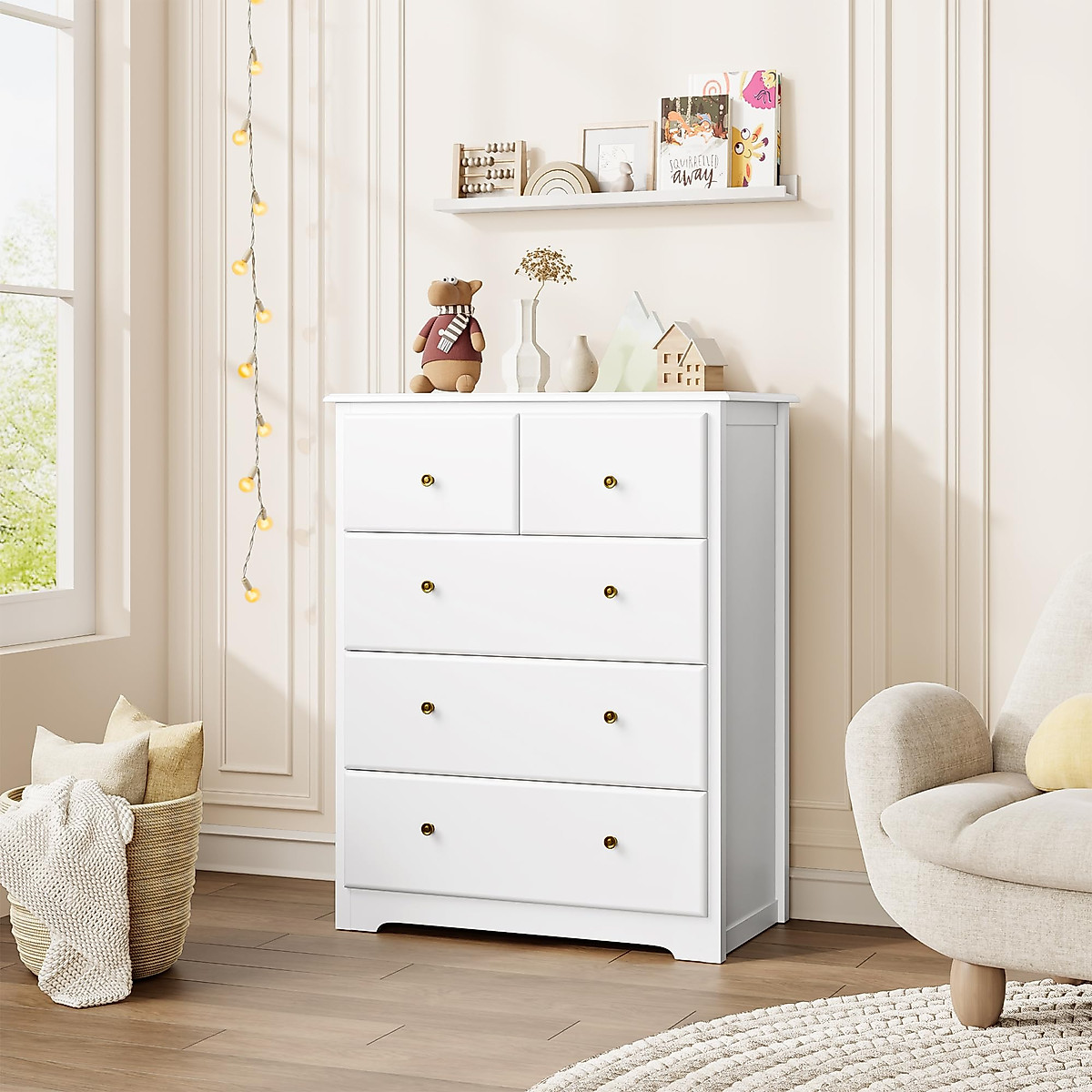 HOUSUIT Dresser with 5 Drawers, Tall Dresser Chest of Drawers, 5 Drawer Dresser with Deep Space, Wood Dresser Storage Cabinet for Living Room, Hallway, Entryway, Office, White