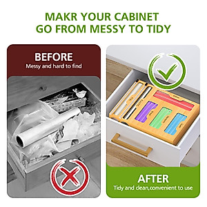 Lawmoliw Bag Storage Organizer for Kitchen Drawer, 6 in 1 Foil and Plastic Wrap Dispenser with Cutter, Bamboo Plastic Bag Food Baggie Organizer for Gallon, Quart, Sandwich, Snack