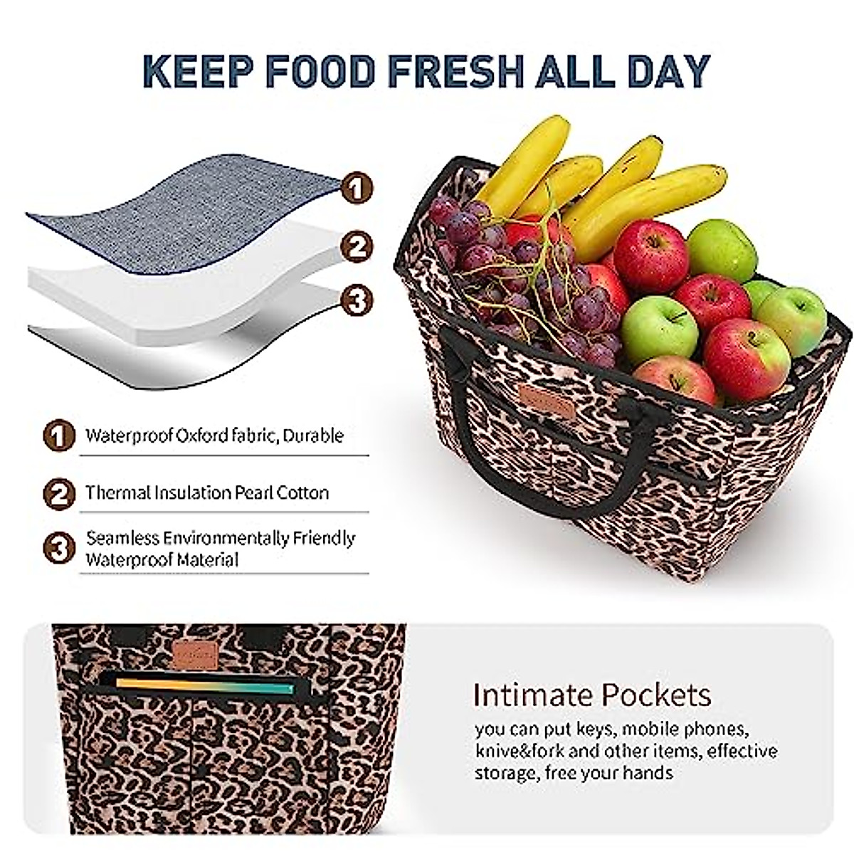 Gelozid Lunch Bag, 16-Can Large Lunch Bag for Women Men, Insulated Lunch Box with Pockets for Work Office Beach Picnic, Leakproof Reusable Portable Lunchbox, Leopard Print