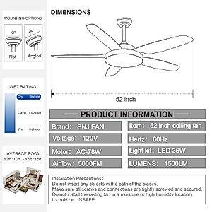 SNJ ceiling fans with lights and remote,Quiet Motor, Easy Install Ideal for Bedroom