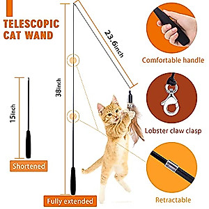 Retractable Cat Wand Toy for Indoor Cats Interactive Cat Feather Toys with Bell 8 Packs Kitten Toys with Fishing Pole Replaceable Worm Feather Tail Cat String Toy Gift for Indoor Outdoor