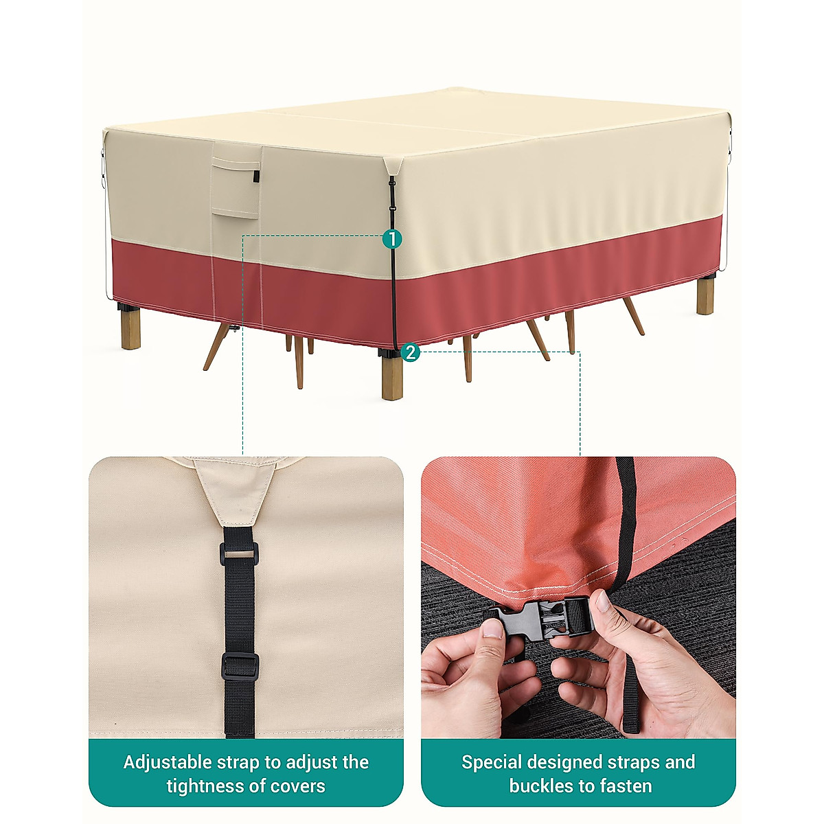 BROSYDA Patio Furniture Set Cover Waterproof, 600D Heavy Duty Lawn Patio Furniture Covers, Outdoor Sectional Sofa Cover Patio Table Chair Set Cover, 111" W×74" D×28" H, Beige & Orange