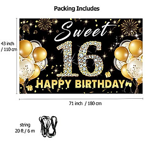 Sweet 16 Backdrop Birthday Decorations, Sweet Sixteen Photo Booth Props, Black Gold Happy 16th Birthday Party Decorations for Girls, Large Fabric 16th Birthday Backdrop Banner 71 * 43 inch PHXEY