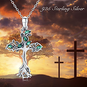 Aututer Celtic Cross Necklace Charm Sterling Silver Tree of Life Crucifix Pendant Family Tree of Life Cross Necklace for Women Emerald Celtic Cross Necklace Family