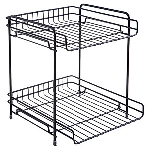 2 Tier Cabinet Organizer, Lainrrew Stackable Under Sink Organizer Mesh Basket Under the Sink Storage Organizer Shelves Rack for Home, Kitchen, Bathroom, Countertop (Black)