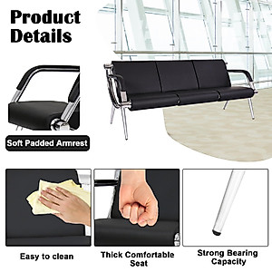 kinbor Waiting Room Bench - Office Guest Chairs 3-Seat Reception Furniture for Airport Clinic, Black