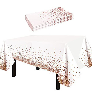 FECEDY 5 Packs 54 x 108inch Disposable Plastic Table Cover Waterproof for Rectangle Tables White Background with Rose Gold dot Indoor & Outdoor Birthdays Anniversary Buffet Party Decorations
