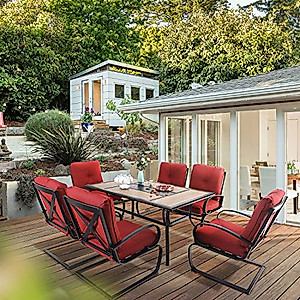 MFSTUDIO 7PCS Outdoor Patio Dining Table Set, 6 Spring Motion Chairs, 1 Rectangular Table Woodlike Top with 1.57" Umbrella Hole, Lawn Backyard Garden Furniture Sets, Burgundy