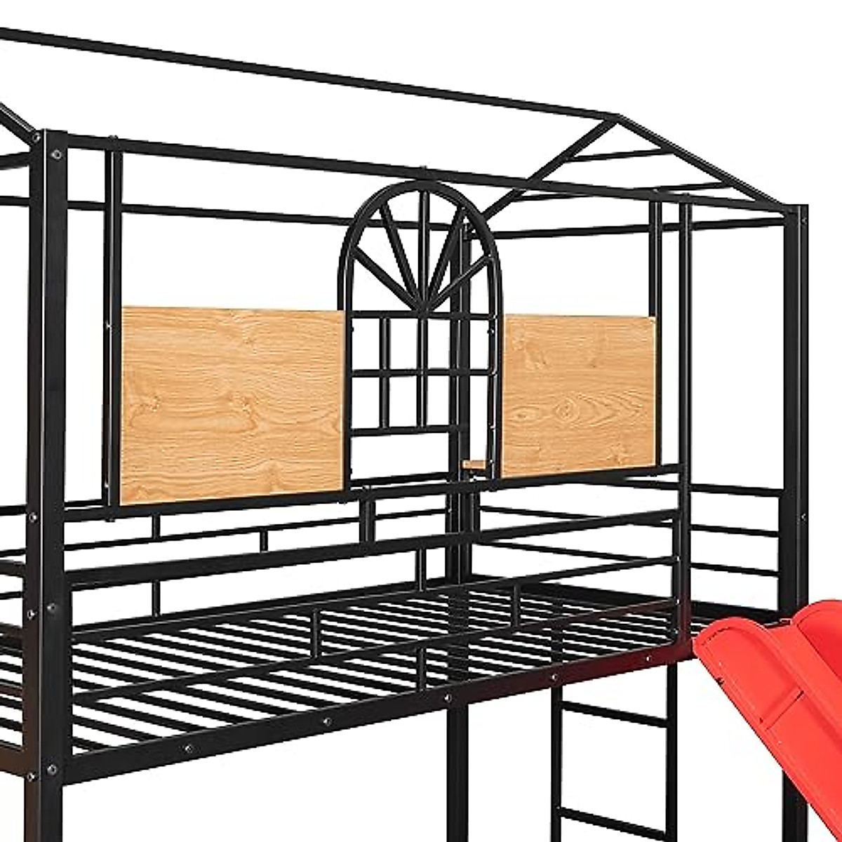 BOVZA House Bunk Bed with Slide and Stairs, Twin Over Twin Metal Bunk Beds Frame with Roof and Storage Staircase for Kids Boys Girls Teens, Black+Red