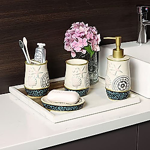 MyGift 4 Piece Countertop Coastal Cape Cod Bathroom Accessories Set with Embossed Seashell Starfish Design Includes Soap Dish, Tumbler, Toothbrush Holder, Vintage Brass Pump Dispenser