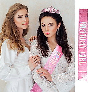 Birthday Tiara for Women, Tiara for Women Pink Rhinestone, Happy Birthday Girls Tiara for Women, Birthday Girl Crown, Birthday Princess tiara, Tiaras Birthday Queen Crowns with Birthday Girl Sash