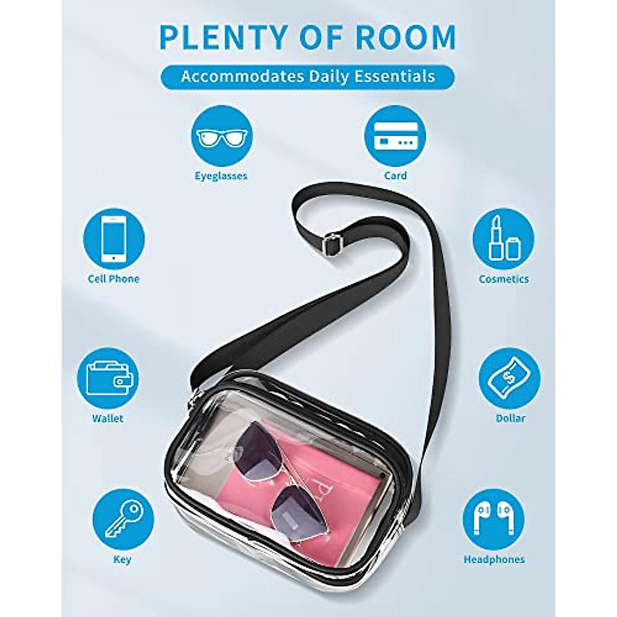 Clear Bag Stadium Approved PVC Clear Crossbody Bag Clear Purse with Front Pocket for Work Concert Security Travel Sports Black