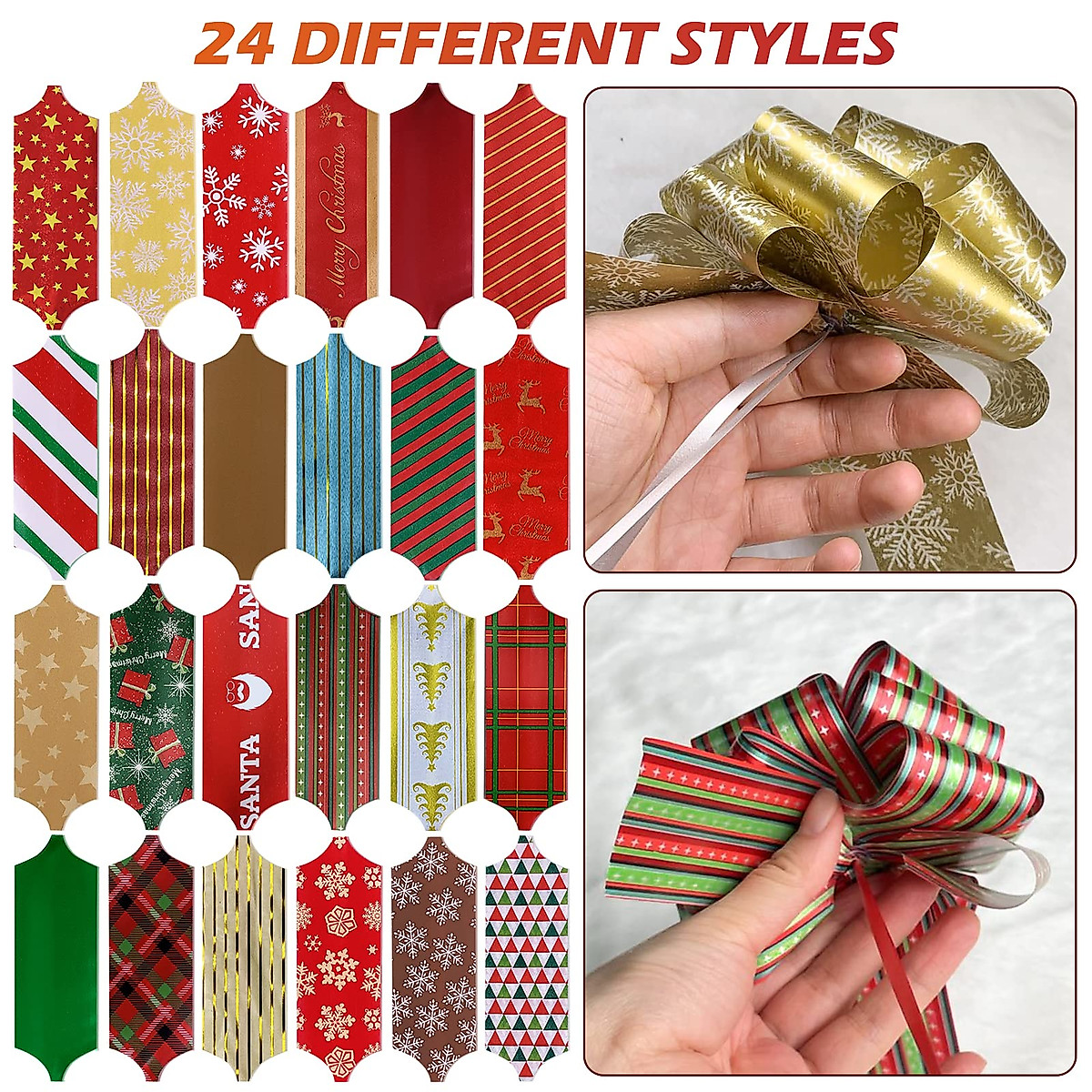 Christmas Gift Pull Bows Set in 24 Assorted Patterns, Present Wrapping Bows with Ribbon, Accessory for Holiday Gift Wine Bottles Book Decoration (Easy Assembly Needed) (24)