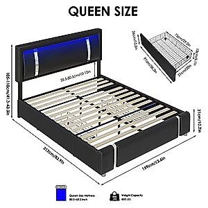 Keyluv Queen Bed Frame with RGB LED Lights Headboard & 2 Storage Drawers, Modern Upholstered Faux Leather Platform Bed with Iron Metal Decor, USB & USB-C Charging Ports, No Box Spring Needed, Black