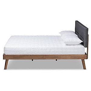 Baxton Studio Devan Mid-Century Modern Dark Grey Fabric Upholstered Walnut Brown Finished Wood King Size Platform Bed