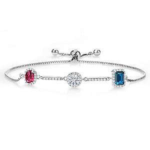 Gem Stone King 925 Sterling Silver Build Your Own Personalized 3-Stone Oval Round and Emerald Cut Birthstones Tennis Bracelet For Women By Keren Hanan Fully Adjustable Up to 9 Inch