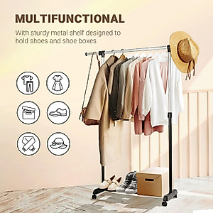 ikloo Clothing Rack with Wheels for Hanging Clothes | Extendable and Adjustable Garment Racks | Freestanding Rolling Closet Laundry Racks for Drying | Portable Clothes Organizer with Shelves | Chrome