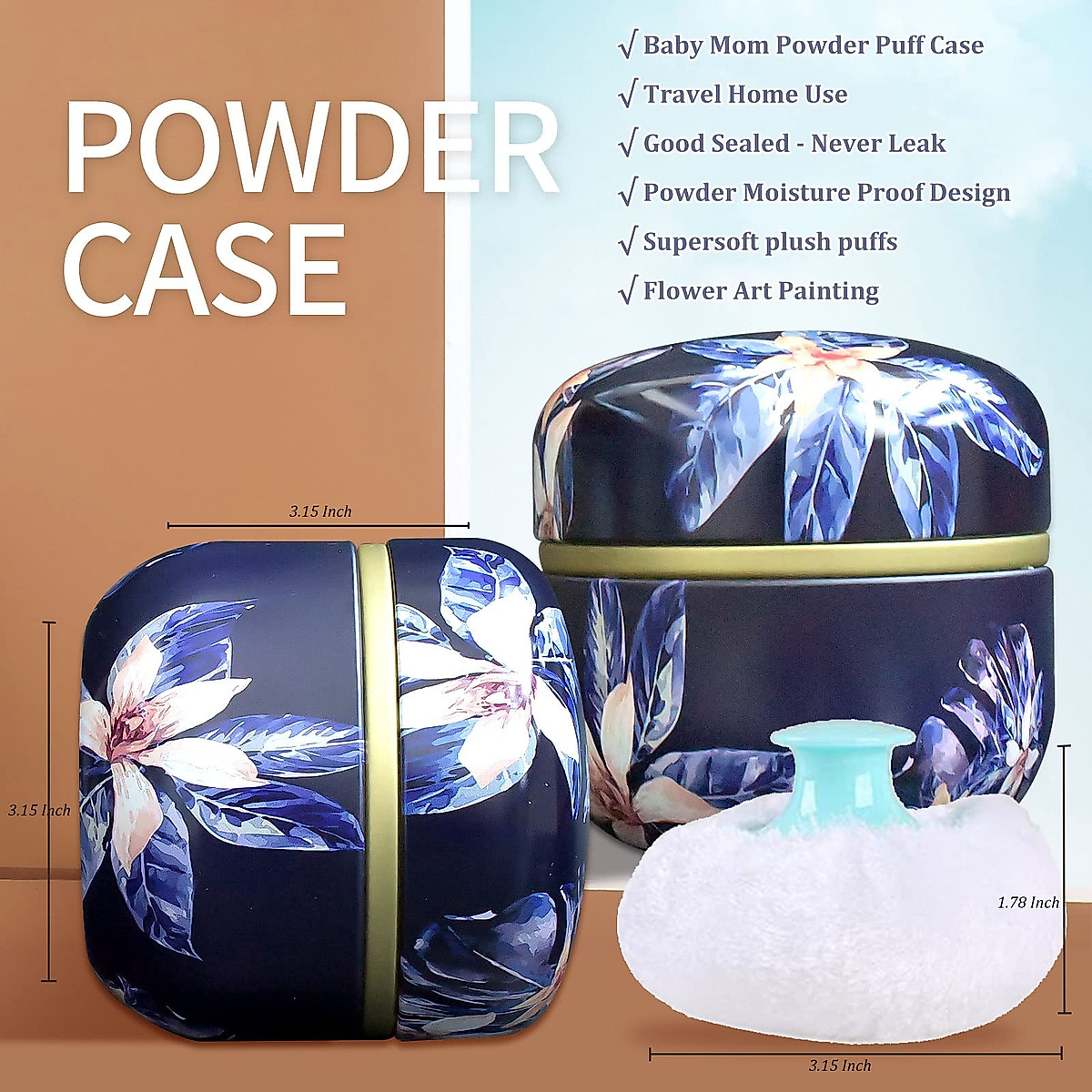 Topwon 3.15" Powder Case with Puff, BPA Free, Fluffy Plush Powder Puffs Container, Baby Women's Body Loose Dusting Dry Powder Box, Travel&Home Use, Blue Flower