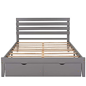 Queen Size Wood Platform Bed Frame with 2 Storage Drawers, Modern Classic Platform Bed with Headboard, Wood Slats Support, No Box Springs Needed for Bedroom Girls Boys (Grey)