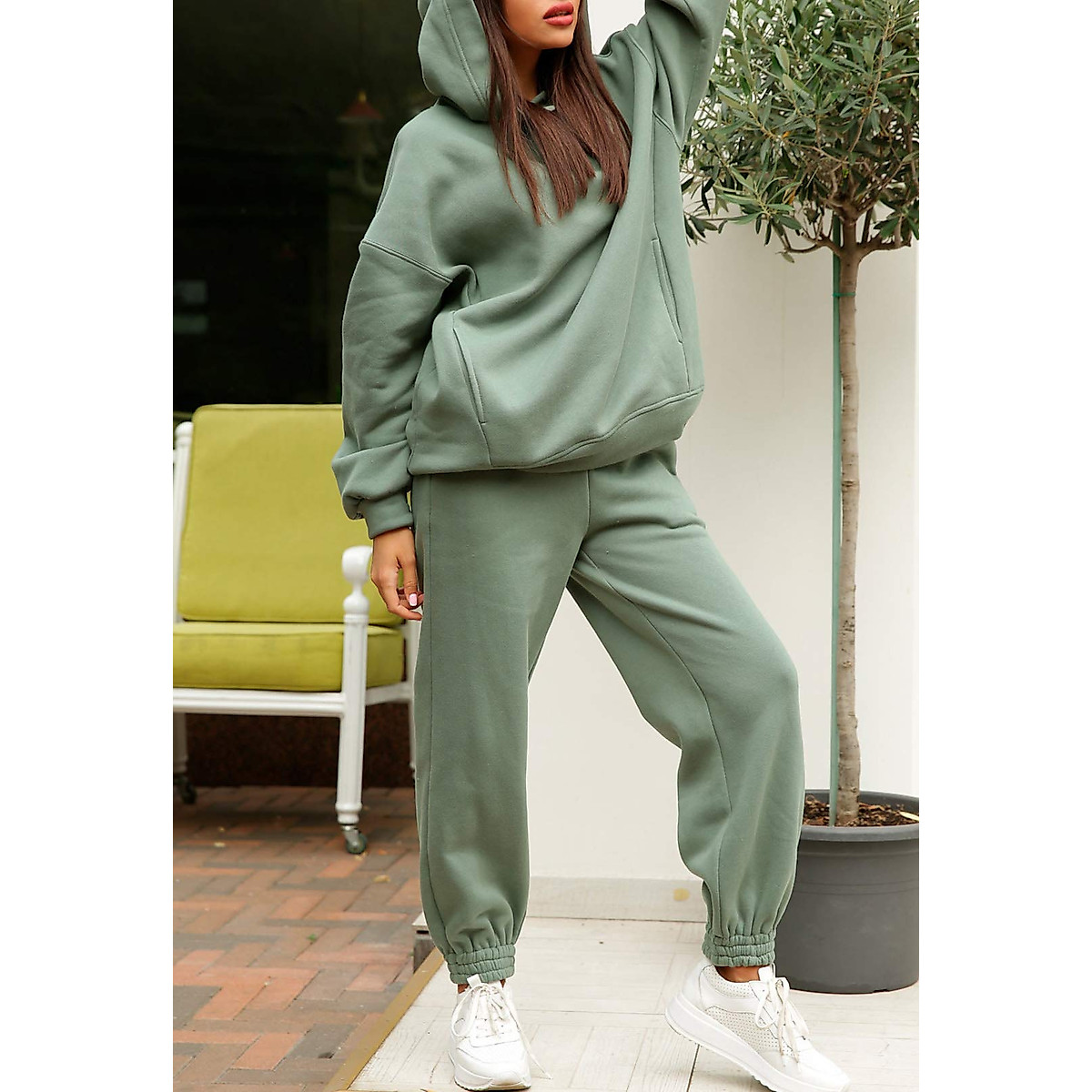 Linsery Sport Hoodie with Jogger Sweatpants Tracksuit Hooded 2 Piece Workout Set Sweatshirt Matching Jogging Suit Green L