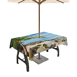CyCoShower Outdoor Tablecloth Palm Tree Beach Sea Cloud Blue Sky Island Reef Stone Spillproof Outdoor Tablecloth with Umbrella Hole Zipper for Spring Summer Patio Table,52"x70"