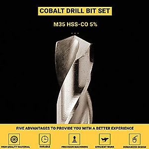 XLCMSY Cobalt Drill Bit Set, M35 HSS Straight Shank Twist Drill Heat Resistant Metal Drill Bits for Hard Metal, Stainless Steel, Hardened Steel, Cast Iron and Wood, 1/16"-1/4" (13 Pcs)