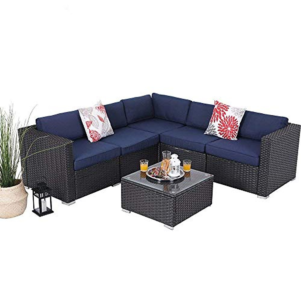 PHI VILLA Outdoor Rattan Sectional Sofa- Patio Wicker Furniture Set (6 Piece, Blue)