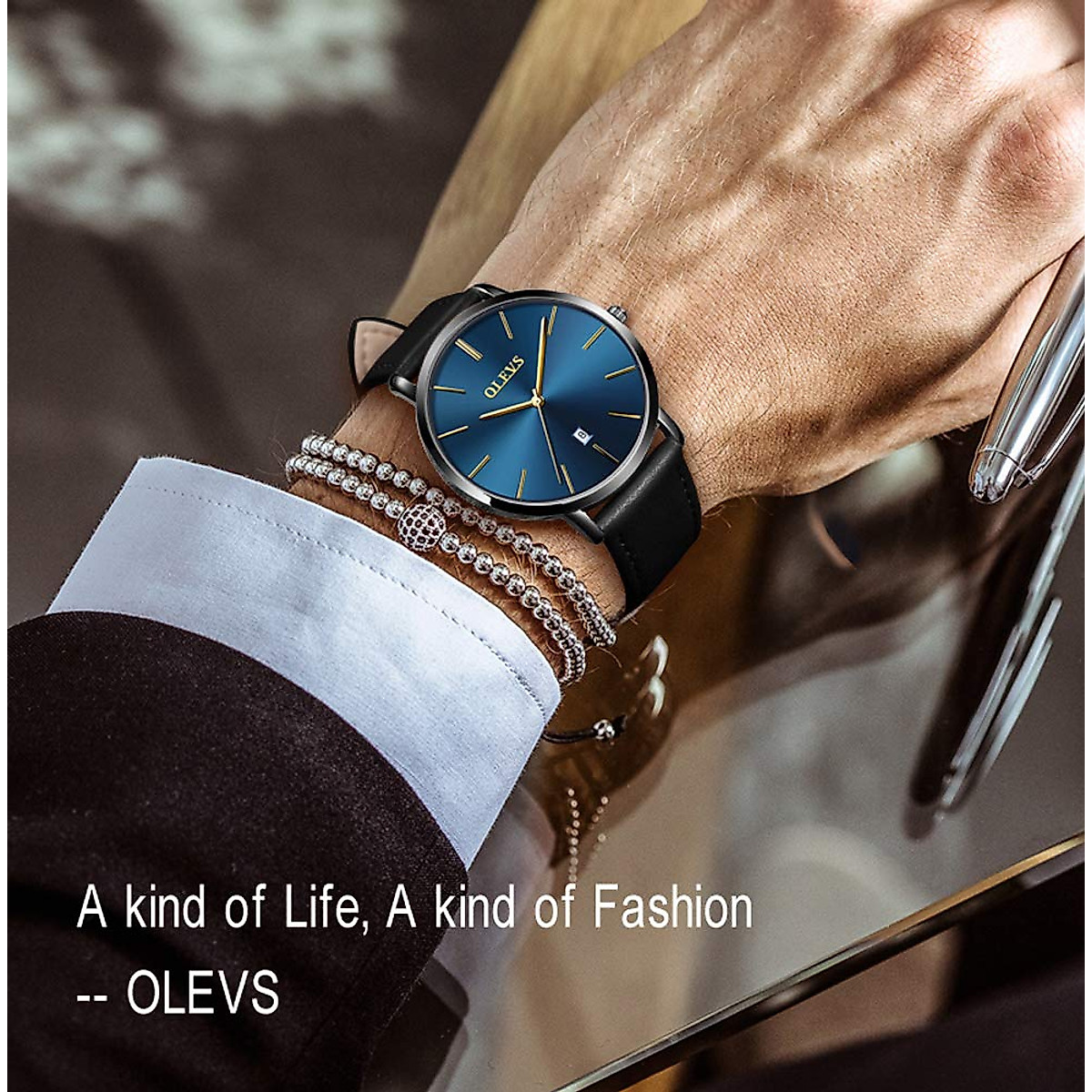 OLEVS Men's Ultra Thin Slim Big Face Date Leather Analog Wrist Watches Waterproof for Male Teen Boys Gift Classic Casual Minimalist Blue Large Dial Rose Gold Quartz Watch with Retro Genuine Band Black