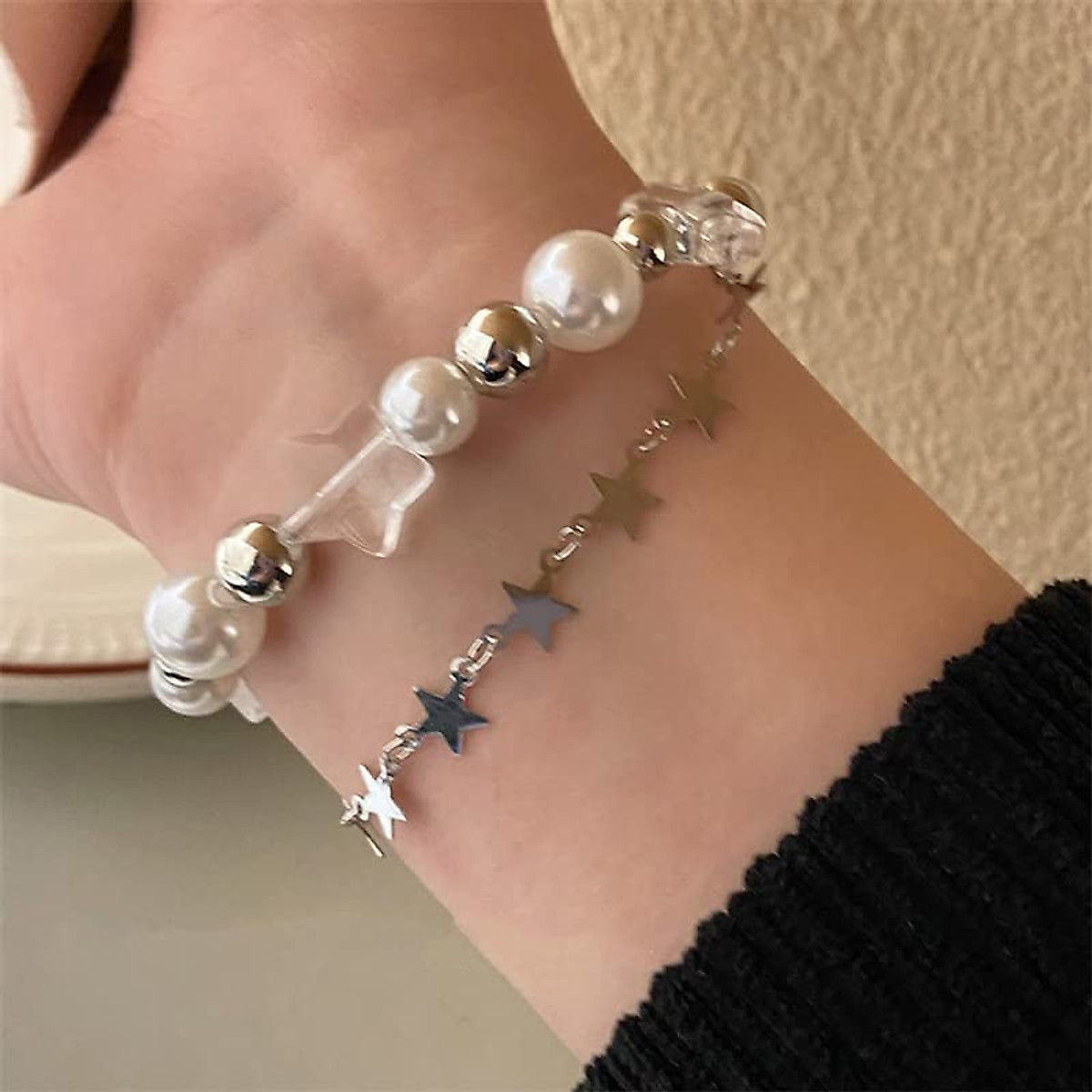 Fuqimanman2020 Y2k Star Silver Beaded Chain Charm Bracelet Aesthetic Grunge Gift for Women-A