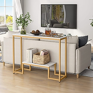 Tribesings White and Gold Narrow Console Sofa Table with Faux Marble Veneer for Entryway, Mid-Century Modern Accent Table for Living Room 42.5''WX11.81''DX31.5''H