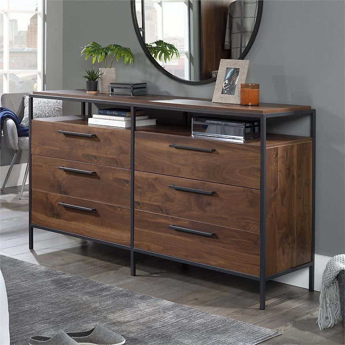 Sauder Nova Loft 6-Drawer Bedroom Dresser with Open Shelf, Grand Walnut Finish