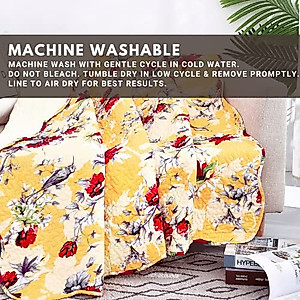 DaDa Bedding Yellow Floral Lap Quilt - Quilted Throw Blanket - Hummingbirds Farmhouse Red Flowers for Couch, Sofa or Bed- Scalloped Edges Bright Vibrant for Biophilic Design - 50 x 60