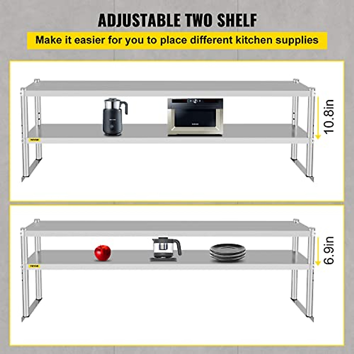 VEVOR Double Overshelf, Double Tier Stainless Steel Overshelf, 72 in Length x 12 in Width Double Deck Overshelf, Height Adjustable Overshelf for Prep & Work Table in Kitchen, Restaurant and Workshop