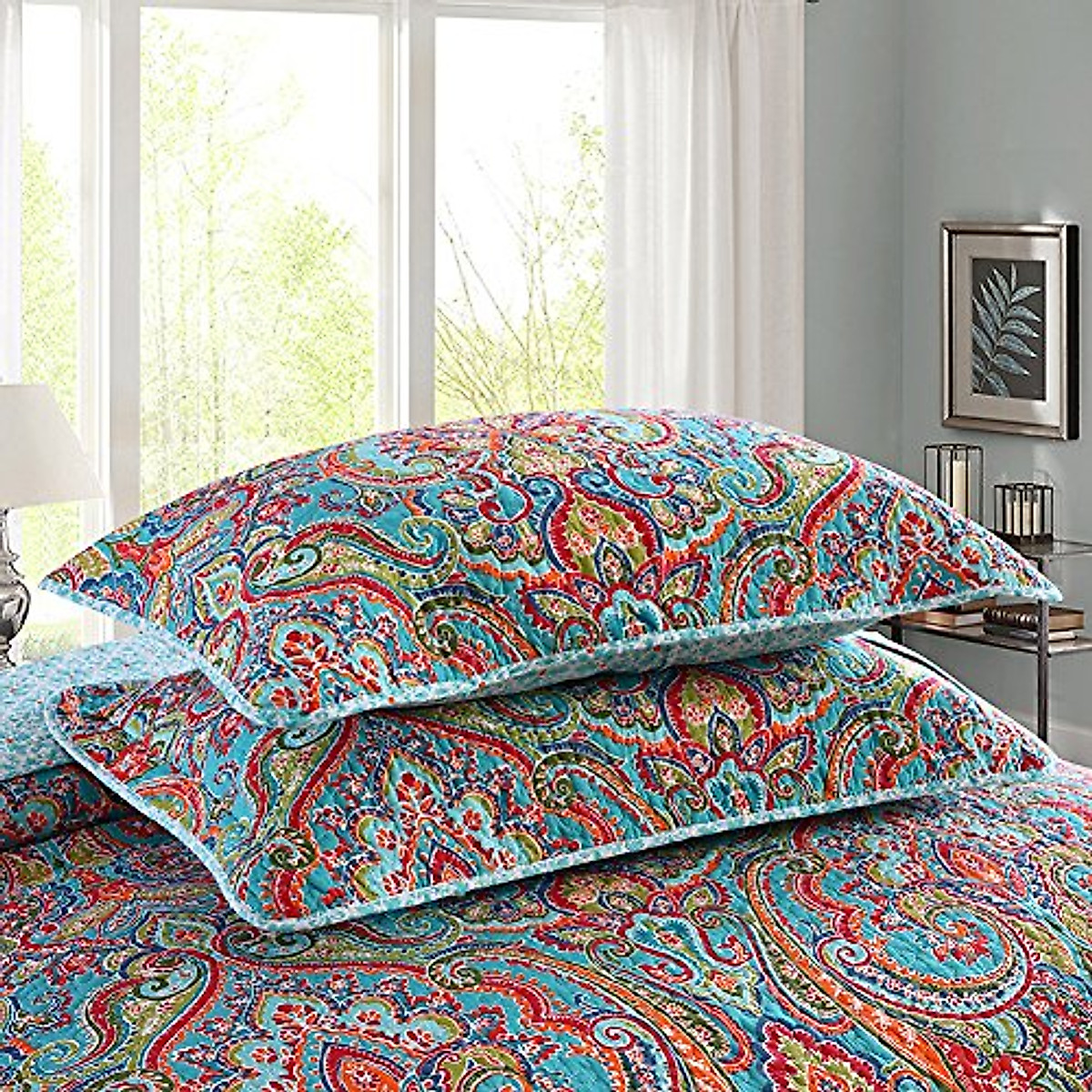 NEWLAKE Cotton Bedspread Quilt Sets-Reversible Patchwork Coverlet Set, European Gorgeous Floral Pattern, Queen Size