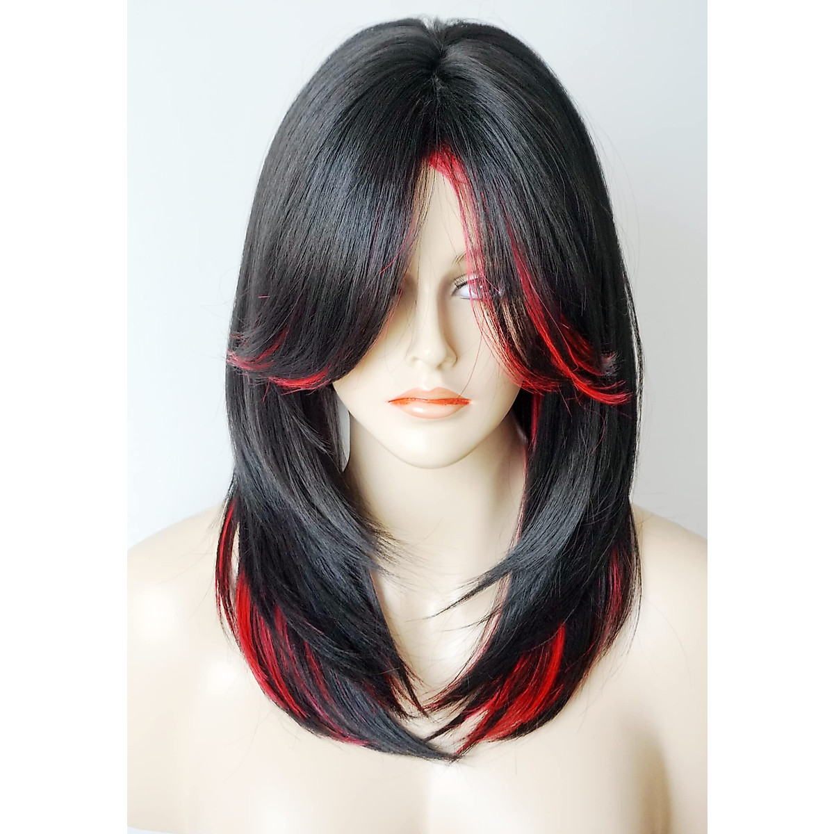 Medium Length Layered Wigs Black with Red Highlights wigs Layered wig with bangs Synthetic wig Highlight for white Women (Black with red)